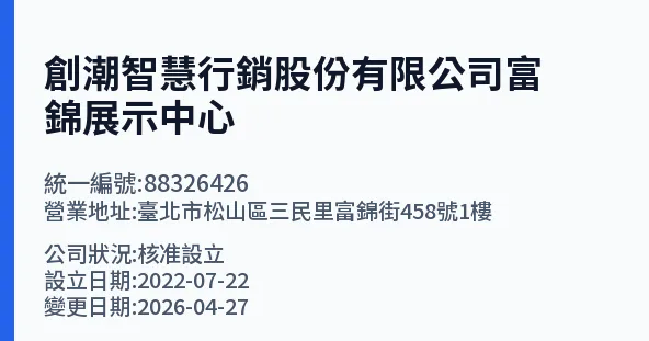 創潮智慧行銷股份有限公司富錦展示中心的照片-統編 88326426(臺北市) 公司登記資料與營業項目詳細圖表