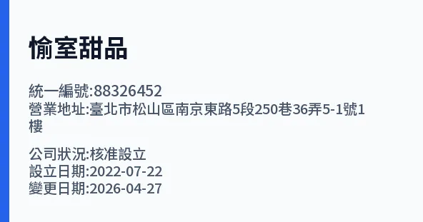 愉室甜品的照片-統編 88326452(臺北市) 公司登記資料與營業項目詳細圖表