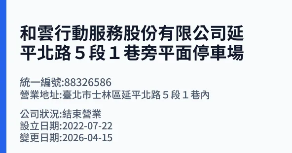 和雲行動服務股份有限公司延平北路５段１巷旁平面停車場的照片-統編 88326586(臺北市) 公司登記資料與營業項目詳細圖表