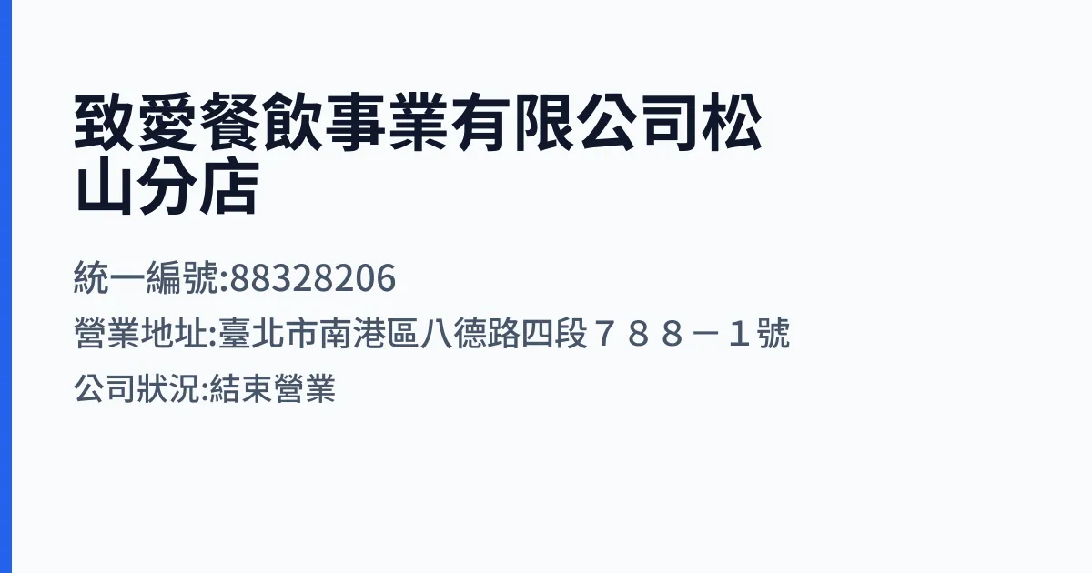 致愛餐飲事業有限公司松山分店 - 統編 88328206(臺北市) 公司登記資料與營業項目詳細圖表