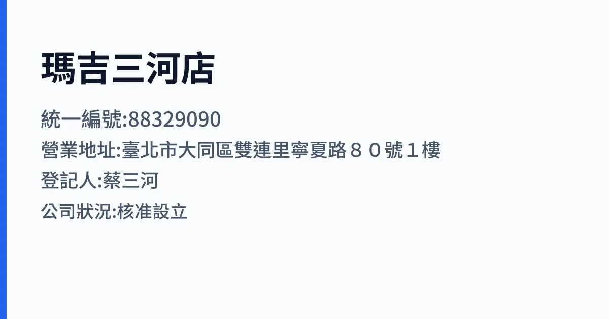 瑪吉三河店 - 統編 88329090(臺北市) 公司登記資料與營業項目詳細圖表