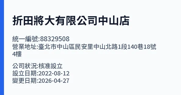 折田將大有限公司中山店的照片-統編 88329508(臺北市) 公司登記資料與營業項目詳細圖表