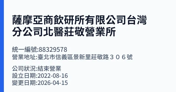 薩摩亞商飲研所有限公司台灣分公司北醫莊敬營業所的照片-統編 88329578(臺北市) 公司登記資料與營業項目詳細圖表