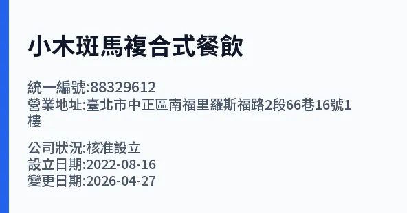 小木斑馬複合式餐飲的照片-統編 88329612(臺北市) 公司登記資料與營業項目詳細圖表