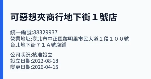 可惡想夾商行地下街１號店的照片-統編 88329937(臺北市) 公司登記資料與營業項目詳細圖表