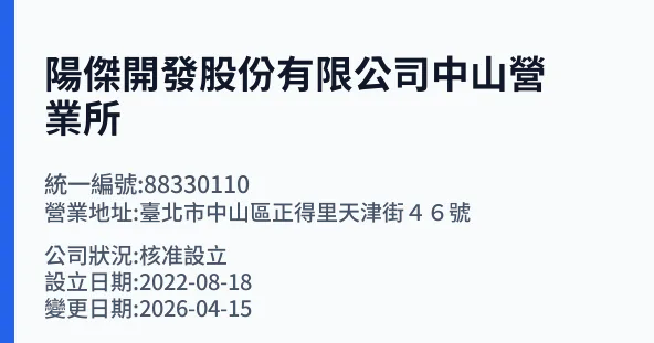 陽傑開發股份有限公司中山營業所的照片-統編 88330110(臺北市) 公司登記資料與營業項目詳細圖表