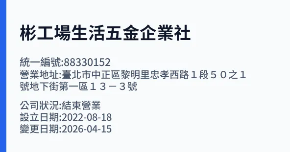 彬工場生活五金企業社的照片-統編 88330152(臺北市) 公司登記資料與營業項目詳細圖表