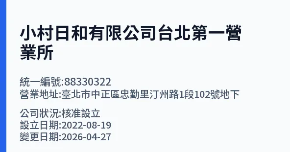 小村日和有限公司台北第一營業所的照片-統編 88330322(臺北市) 公司登記資料與營業項目詳細圖表