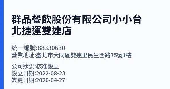 群品餐飲股份有限公司小小台北捷運雙連店的照片-統編 88330630(臺北市) 公司登記資料與營業項目詳細圖表