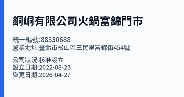 銅峒有限公司火鍋富錦門市的照片-統編 88330688(臺北市) 公司登記資料與營業項目詳細圖表