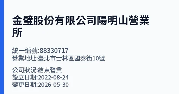 金璧股份有限公司陽明山營業所的照片-統編 88330717(臺北市) 公司登記資料與營業項目詳細圖表