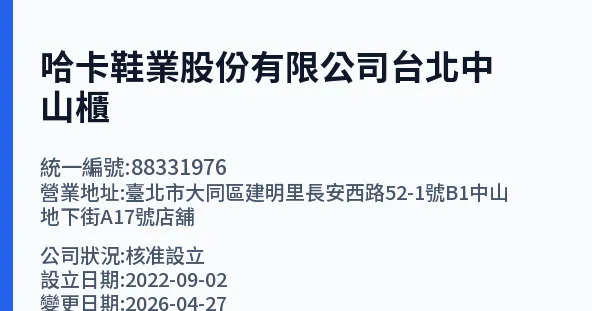 哈卡鞋業股份有限公司台北中山櫃的照片-統編 88331976(臺北市) 公司登記資料與營業項目詳細圖表