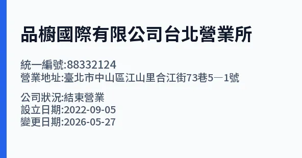 品櫥國際有限公司台北營業所的照片-統編 88332124(臺北市) 公司登記資料與營業項目詳細圖表