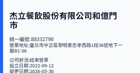 杰立餐飲股份有限公司和億門市的照片-統編 88332790(臺北市) 公司登記資料與營業項目詳細圖表