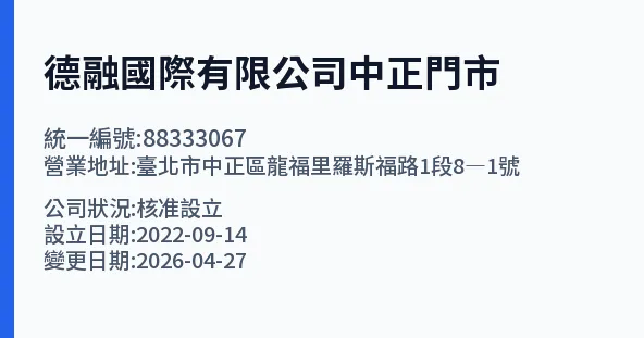 德融國際有限公司中正門市的照片-統編 88333067(臺北市) 公司登記資料與營業項目詳細圖表