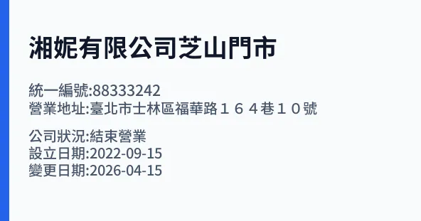 湘妮有限公司芝山門市的照片-統編 88333242(臺北市) 公司登記資料與營業項目詳細圖表