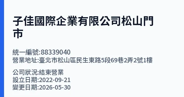 子佳國際企業有限公司松山門市的照片-統編 88339040(臺北市) 公司登記資料與營業項目詳細圖表