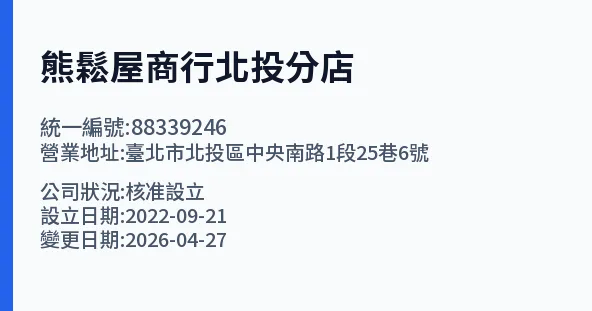 熊鬆屋商行北投分店的照片-統編 88339246(臺北市) 公司登記資料與營業項目詳細圖表