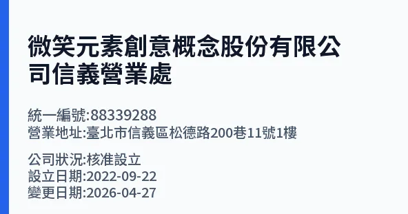 微笑元素創意概念股份有限公司信義營業處的照片-統編 88339288(臺北市) 公司登記資料與營業項目詳細圖表