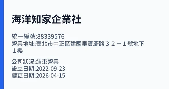 海洋知家企業社的照片-統編 88339576(臺北市) 公司登記資料與營業項目詳細圖表