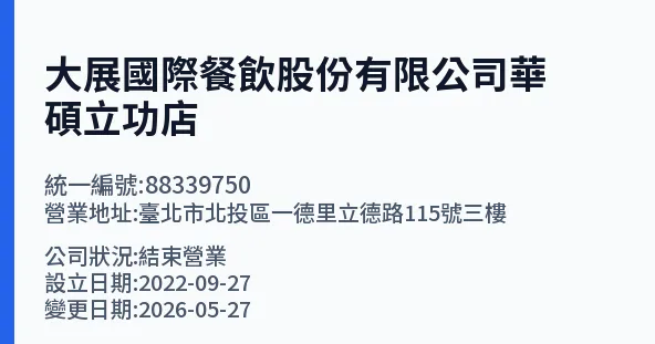 大展國際餐飲股份有限公司華碩立功店的照片-統編 88339750(臺北市) 公司登記資料與營業項目詳細圖表