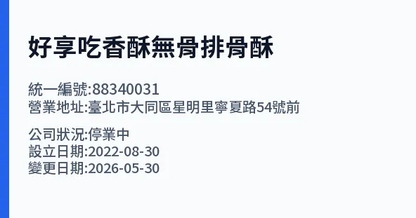 好享吃香酥無骨排骨酥的照片-統編 88340031(臺北市) 公司登記資料與營業項目詳細圖表