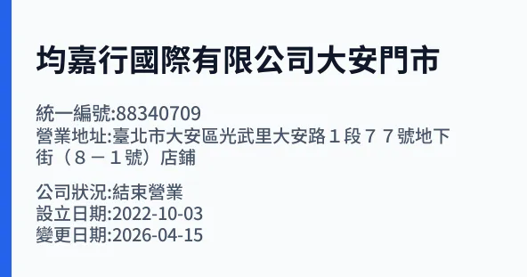 均嘉行國際有限公司大安門市的照片-統編 88340709(臺北市) 公司登記資料與營業項目詳細圖表