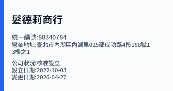 髮德莉商行的照片-統編 88340784(臺北市) 公司登記資料與營業項目詳細圖表