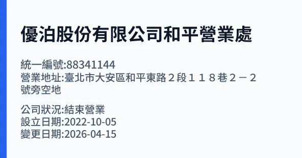 優泊股份有限公司和平營業處的照片-統編 88341144(臺北市) 公司登記資料與營業項目詳細圖表
