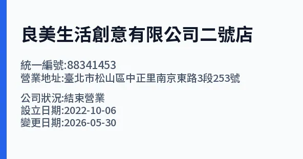 良美生活創意有限公司二號店的照片-統編 88341453(臺北市) 公司登記資料與營業項目詳細圖表