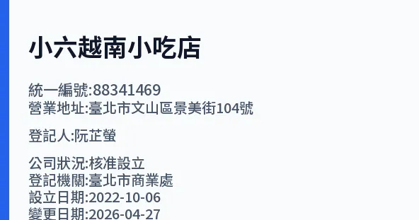 小六越南小吃店的照片-統編 88341469(臺北市) 公司登記資料與營業項目詳細圖表
