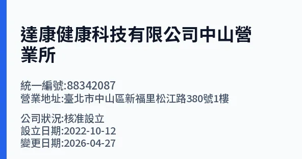 達康健康科技有限公司中山營業所的照片-統編 88342087(臺北市) 公司登記資料與營業項目詳細圖表