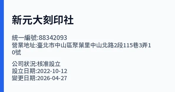 新元大刻印社的照片-統編 88342093(臺北市) 公司登記資料與營業項目詳細圖表