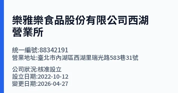 樂雅樂食品股份有限公司西湖營業所的照片-統編 88342191(臺北市) 公司登記資料與營業項目詳細圖表