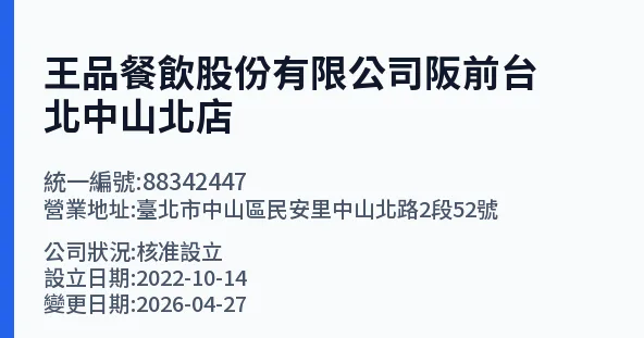 王品餐飲股份有限公司阪前台北中山北店的照片-統編 88342447(臺北市) 公司登記資料與營業項目詳細圖表