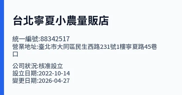 台北寧夏小農量販店的照片-統編 88342517(臺北市) 公司登記資料與營業項目詳細圖表