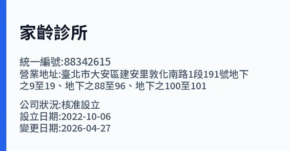 家齡診所的照片-統編 88342615(臺北市) 公司登記資料與營業項目詳細圖表