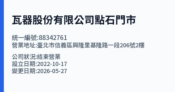 瓦器股份有限公司點石門市的照片-統編 88342761(臺北市) 公司登記資料與營業項目詳細圖表