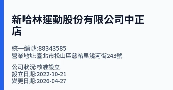 新哈林運動股份有限公司中正店的照片-統編 88343585(臺北市) 公司登記資料與營業項目詳細圖表
