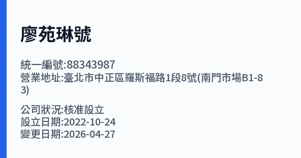 廖苑琳號的照片-統編 88343987(臺北市) 公司登記資料與營業項目詳細圖表