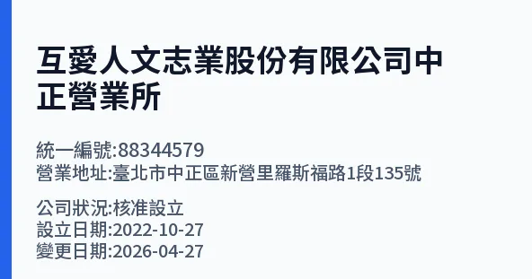 互愛人文志業股份有限公司中正營業所的照片-統編 88344579(臺北市) 公司登記資料與營業項目詳細圖表