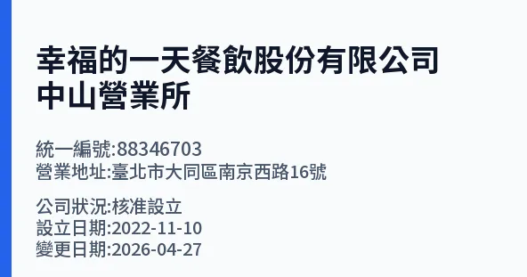 幸福的一天餐飲股份有限公司中山營業所的照片-統編 88346703(臺北市) 公司登記資料與營業項目詳細圖表