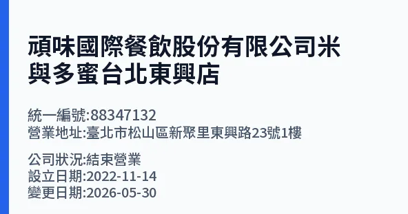 頑味國際餐飲股份有限公司米與多蜜台北東興店的照片-統編 88347132(臺北市) 公司登記資料與營業項目詳細圖表