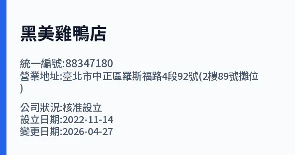 黑美雞鴨店的照片-統編 88347180(臺北市) 公司登記資料與營業項目詳細圖表