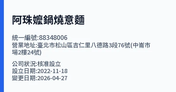 阿珠嬤鍋燒意麵的照片-統編 88348006(臺北市) 公司登記資料與營業項目詳細圖表
