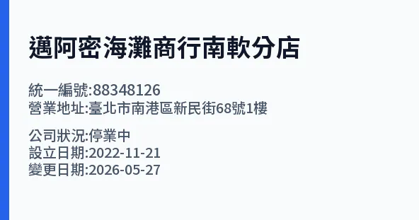 邁阿密海灘商行南軟分店的照片-統編 88348126(臺北市) 公司登記資料與營業項目詳細圖表