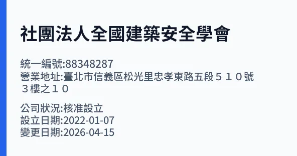 社團法人全國建築安全學會的照片-統編 88348287(臺北市) 公司登記資料與營業項目詳細圖表