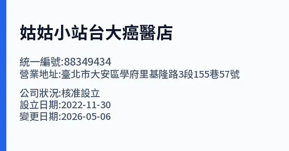姑姑小站台大癌醫店的照片-統編 88349434(臺北市) 公司登記資料與營業項目詳細圖表