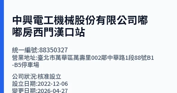 中興電工機械股份有限公司嘟嘟房西門漢口站的照片-統編 88350327(臺北市) 公司登記資料與營業項目詳細圖表