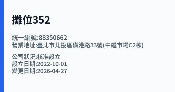 攤位352的照片-統編 88350662(臺北市) 公司登記資料與營業項目詳細圖表